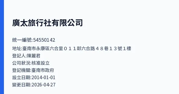 廣太旅行社有限公司的照片-統編 54550142(臺南市) 公司登記資料與營業項目詳細圖表