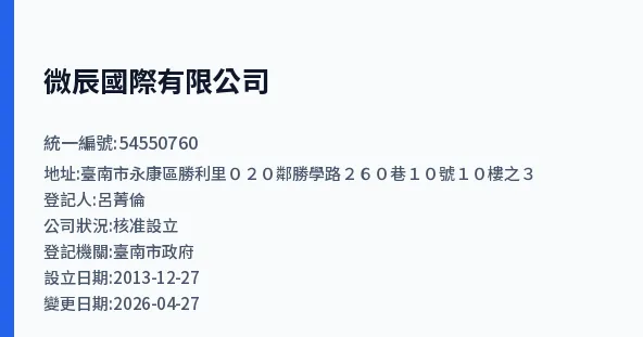 微辰國際有限公司的照片-統編 54550760(臺南市) 公司登記資料與營業項目詳細圖表