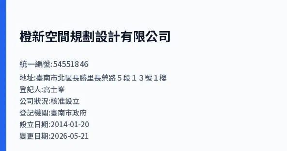 橙新空間規劃設計有限公司的照片-統編 54551846(臺南市) 公司登記資料與營業項目詳細圖表
