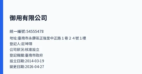 御用有限公司的照片-統編 54555478(臺南市) 公司登記資料與營業項目詳細圖表