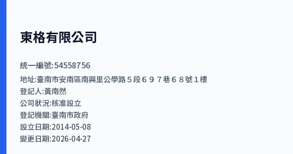 東格有限公司的照片-統編 54558756(臺南市) 公司登記資料與營業項目詳細圖表