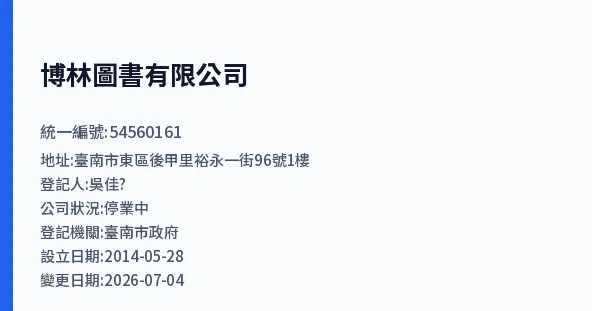 博林圖書有限公司的照片-統編 54560161(臺南市) 公司登記資料與營業項目詳細圖表
