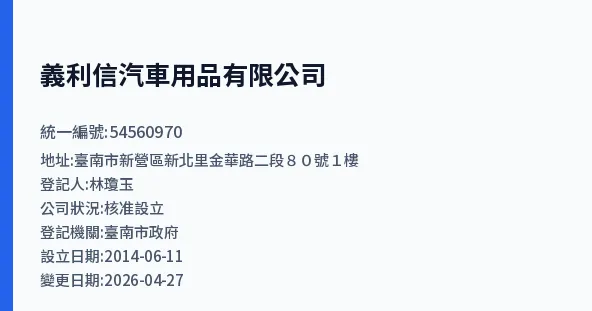義利信汽車用品有限公司的照片-統編 54560970(臺南市) 公司登記資料與營業項目詳細圖表