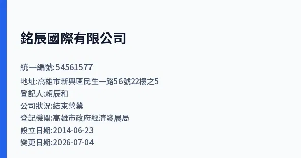銘辰國際有限公司的照片-統編 54561577(高雄市) 公司登記資料與營業項目詳細圖表