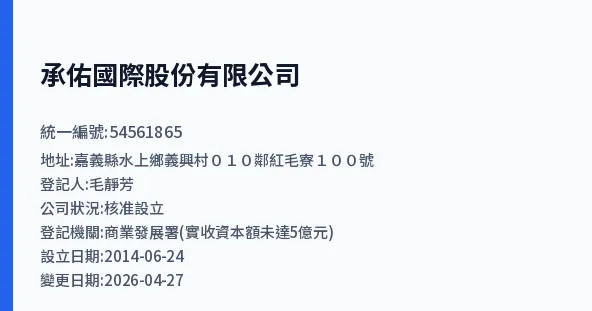 承佑國際股份有限公司的照片-統編 54561865(嘉義縣) 公司登記資料與營業項目詳細圖表