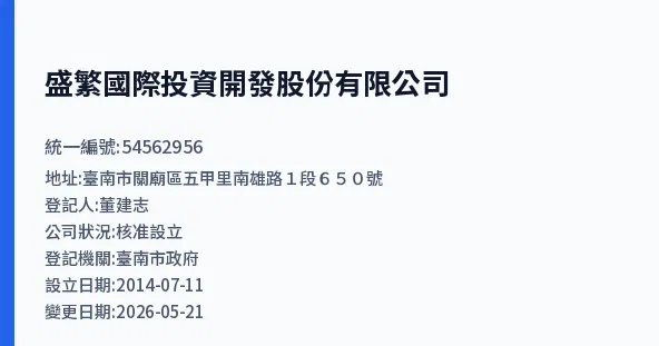 盛繁國際投資開發股份有限公司的照片-統編 54562956(臺南市) 公司登記資料與營業項目詳細圖表