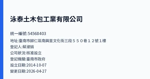 泳泰土木包工業有限公司的照片-統編 54568403(臺南市) 公司登記資料與營業項目詳細圖表