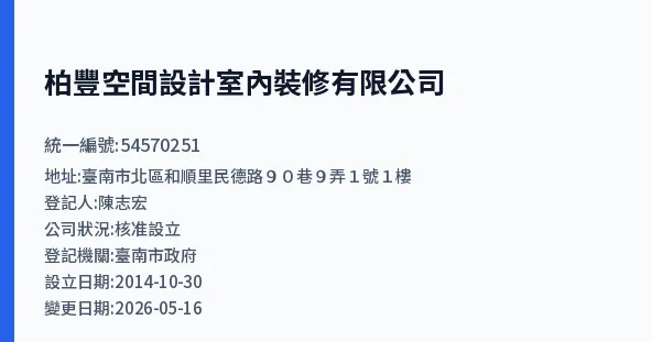 柏豐空間設計室內裝修有限公司的照片-統編 54570251(臺南市) 公司登記資料與營業項目詳細圖表