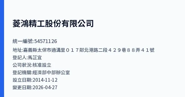 菱鴻精工股份有限公司的照片-統編 54571126(嘉義縣) 公司登記資料與營業項目詳細圖表