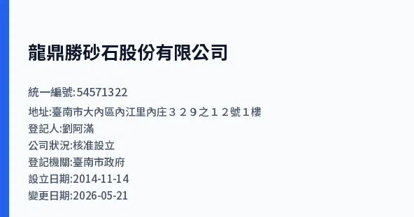 龍鼎勝砂石股份有限公司的照片-統編 54571322(臺南市) 公司登記資料與營業項目詳細圖表