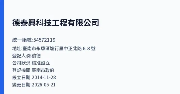 德泰興科技工程有限公司的照片-統編 54572119(臺南市) 公司登記資料與營業項目詳細圖表