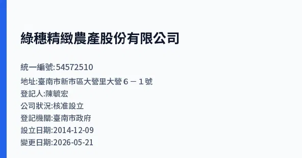 綠穗精緻農產股份有限公司的照片-統編 54572510(臺南市) 公司登記資料與營業項目詳細圖表