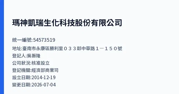 瑪神凱瑞生化科技股份有限公司的照片-統編 54573519(臺南市) 公司登記資料與營業項目詳細圖表