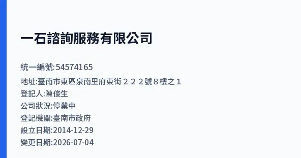 一石諮詢服務有限公司的照片-統編 54574165(臺南市) 公司登記資料與營業項目詳細圖表