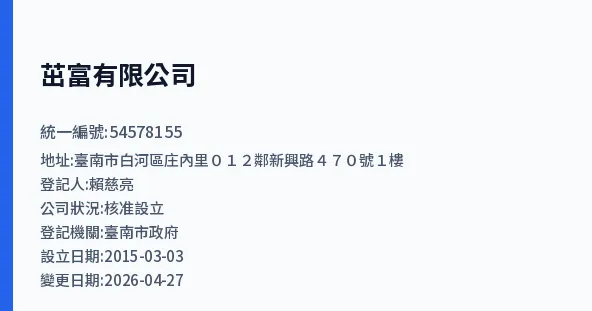 茁富有限公司的照片-統編 54578155(臺南市) 公司登記資料與營業項目詳細圖表