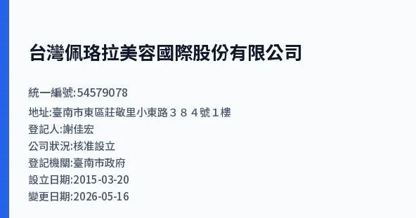 台灣佩珞拉美容國際股份有限公司的照片-統編 54579078(臺南市) 公司登記資料與營業項目詳細圖表