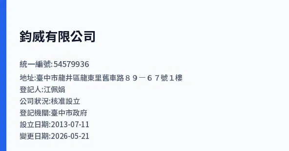 鈞威有限公司的照片-統編 54579936(臺中市) 公司登記資料與營業項目詳細圖表