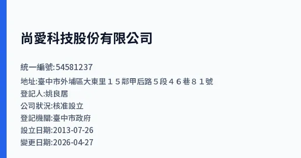 尚愛科技股份有限公司的照片-統編 54581237(臺中市) 公司登記資料與營業項目詳細圖表