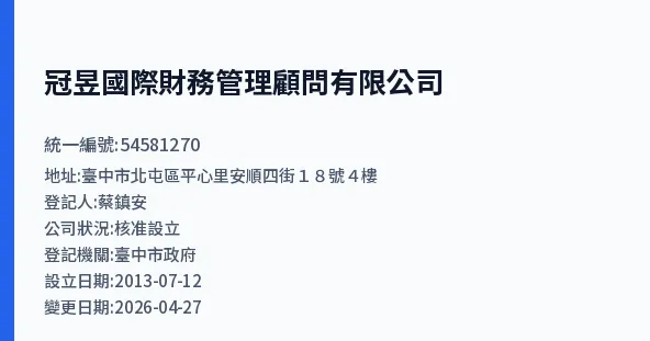 冠昱國際財務管理顧問有限公司的照片-統編 54581270(臺中市) 公司登記資料與營業項目詳細圖表
