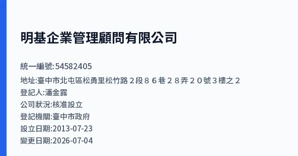 明基企業管理顧問有限公司的照片-統編 54582405(臺中市) 公司登記資料與營業項目詳細圖表