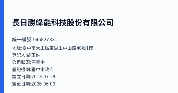 長日勝綠能科技股份有限公司的照片-統編 54582783(臺中市) 公司登記資料與營業項目詳細圖表