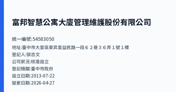富邦智慧公寓大廈管理維護股份有限公司的照片-統編 54583050(臺中市) 公司登記資料與營業項目詳細圖表