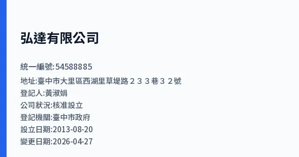 弘達有限公司的照片-統編 54588885(臺中市) 公司登記資料與營業項目詳細圖表