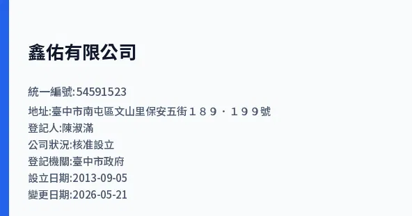 鑫佑有限公司的照片-統編 54591523(臺中市) 公司登記資料與營業項目詳細圖表