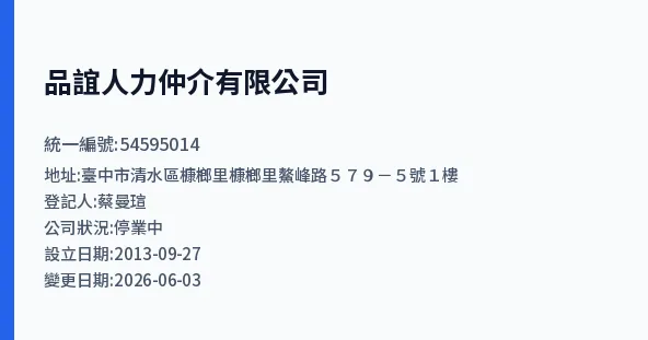 品誼人力仲介有限公司的照片-統編 54595014(臺中市) 公司登記資料與營業項目詳細圖表