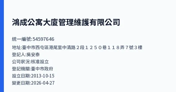 鴻成公寓大廈管理維護有限公司的照片-統編 54597646(臺中市) 公司登記資料與營業項目詳細圖表