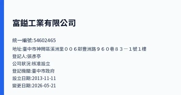 富鎰工業有限公司的照片-統編 54602465(臺中市) 公司登記資料與營業項目詳細圖表