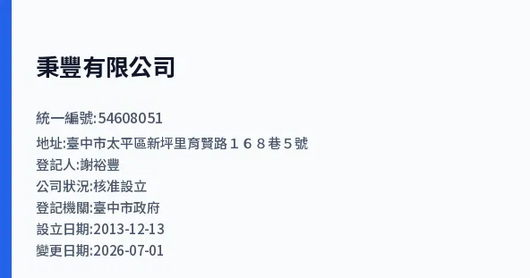 秉豐有限公司的照片-統編 54608051(臺中市) 公司登記資料與營業項目詳細圖表