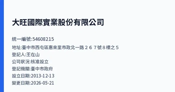 大旺國際實業股份有限公司的照片-統編 54608215(臺中市) 公司登記資料與營業項目詳細圖表