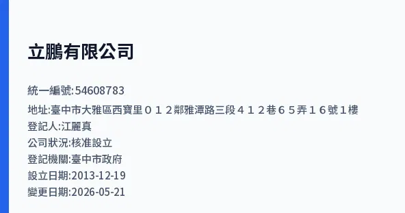 立鵬有限公司的照片-統編 54608783(臺中市) 公司登記資料與營業項目詳細圖表