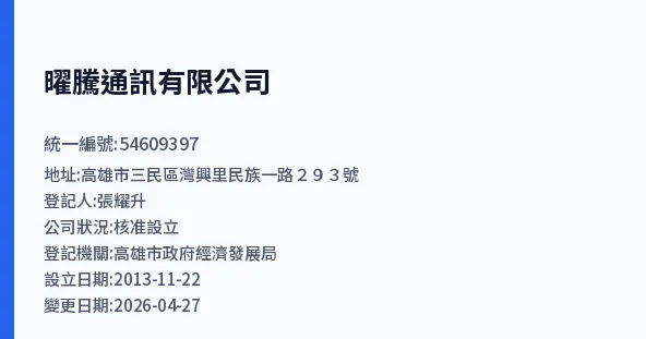 曜騰通訊有限公司的照片-統編 54609397(高雄市) 公司登記資料與營業項目詳細圖表