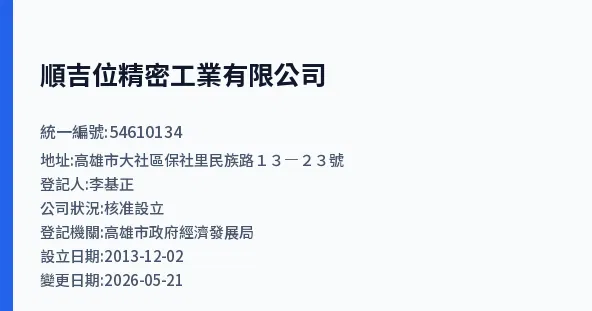 順吉位精密工業有限公司的照片-統編 54610134(高雄市) 公司登記資料與營業項目詳細圖表