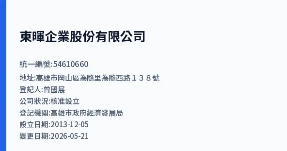 東暉企業股份有限公司的照片-統編 54610660(高雄市) 公司登記資料與營業項目詳細圖表