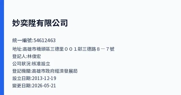 妙奕陞有限公司的照片-統編 54612463(高雄市) 公司登記資料與營業項目詳細圖表