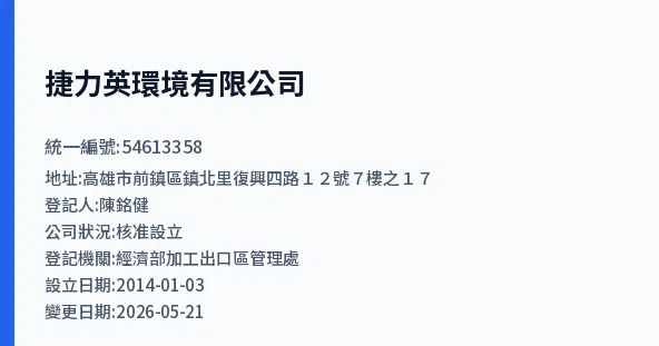 捷力英環境有限公司的照片-統編 54613358(高雄市) 公司登記資料與營業項目詳細圖表