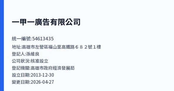 一甲一廣告有限公司的照片-統編 54613435(高雄市) 公司登記資料與營業項目詳細圖表