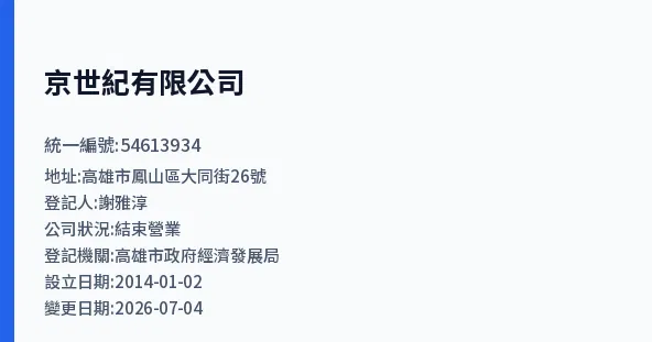 京世紀有限公司的照片-統編 54613934(高雄市) 公司登記資料與營業項目詳細圖表
