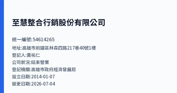至慧整合行銷股份有限公司的照片-統編 54614265(高雄市) 公司登記資料與營業項目詳細圖表