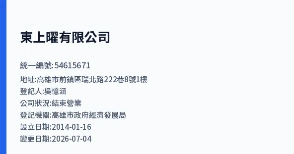 東上曜有限公司的照片-統編 54615671(高雄市) 公司登記資料與營業項目詳細圖表
