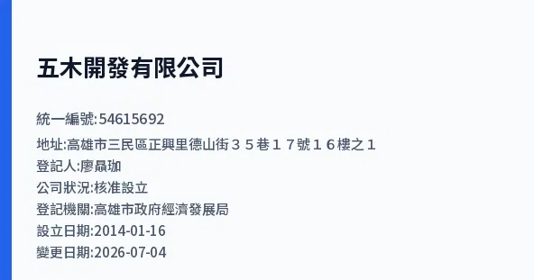五木開發有限公司的照片-統編 54615692(高雄市) 公司登記資料與營業項目詳細圖表