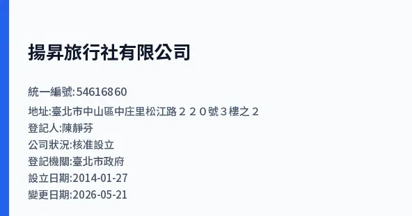 揚昇旅行社有限公司的照片-統編 54616860(臺北市) 公司登記資料與營業項目詳細圖表