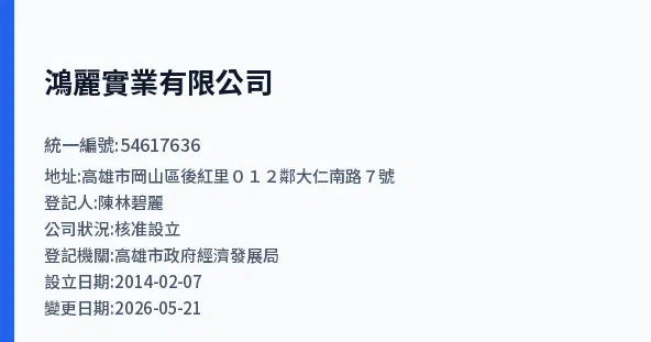 鴻麗實業有限公司的照片-統編 54617636(高雄市) 公司登記資料與營業項目詳細圖表