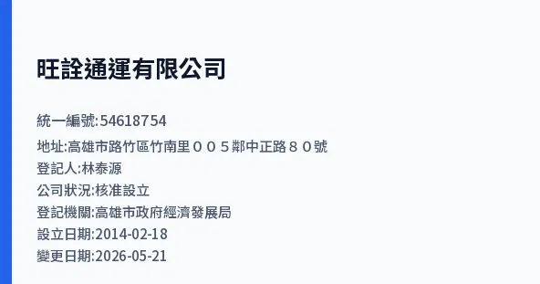 旺詮通運有限公司的照片-統編 54618754(高雄市) 公司登記資料與營業項目詳細圖表