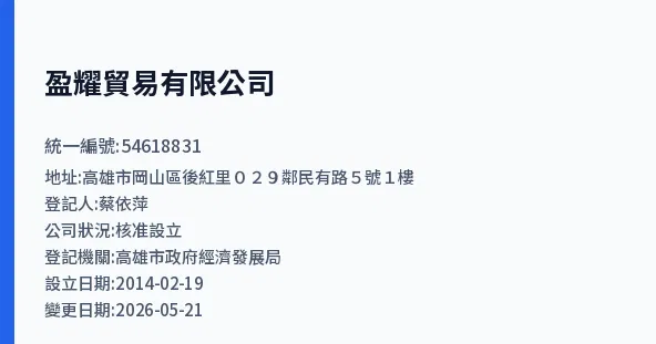 盈耀貿易有限公司的照片-統編 54618831(高雄市) 公司登記資料與營業項目詳細圖表