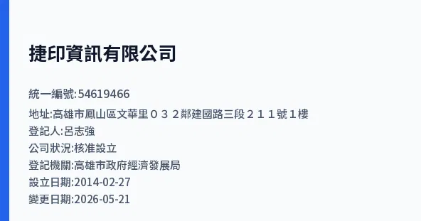 捷印資訊有限公司的照片-統編 54619466(高雄市) 公司登記資料與營業項目詳細圖表