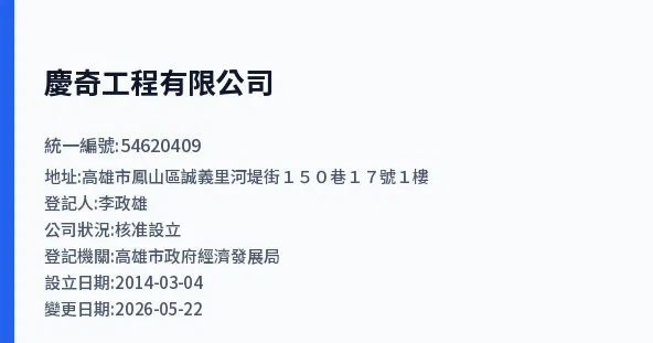 慶奇工程有限公司的照片-統編 54620409(高雄市) 公司登記資料與營業項目詳細圖表
